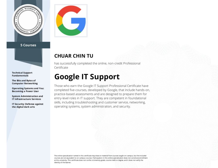 Certified Google IT Support - Programmer - Eric Chuar - Singapore
